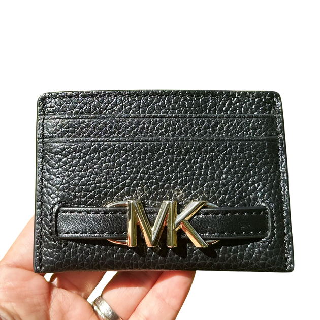 Michael Kors Reed Large Card Holder Wallet MK Signature Logo Black Lea ...